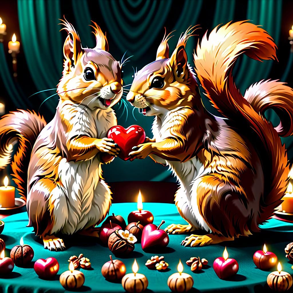 Happy squirrels sharing a heart treat and nuts - AI Generated Artwork - NightCafe Creator