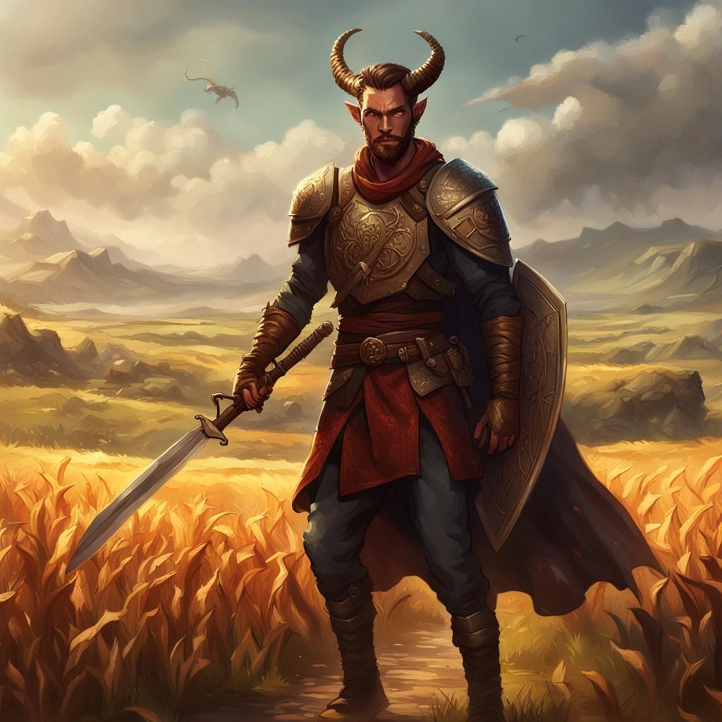 A young tiefling fighter, of humble origins, with a gentle face, a ...