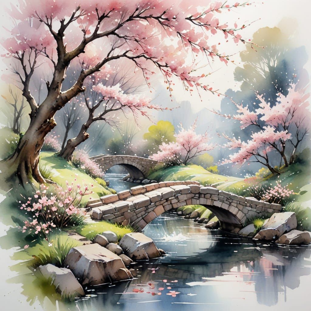 Spring Stone Bridge with Cherry Blossoms in Waterc... - AI Art
