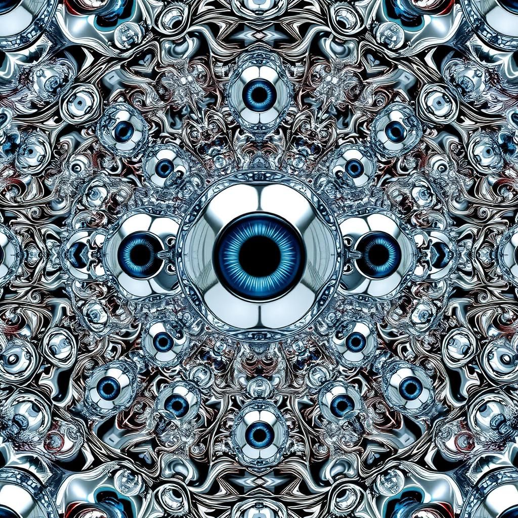 Silver cyborg floating eyes in a sea of mercury