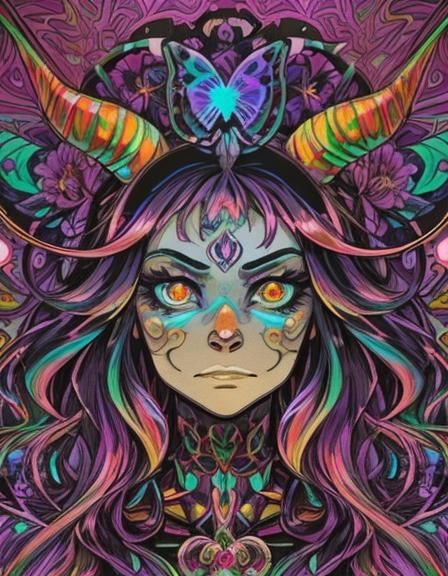 (Hyper detailed anime art of a skull cat with big horns, glowing eyes ...
