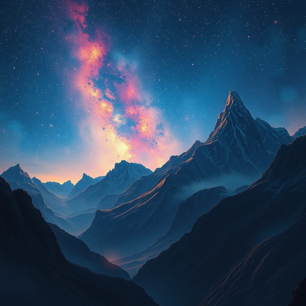 Ethereal Starfall Illuminates Majestic Mountains i... - AI Art