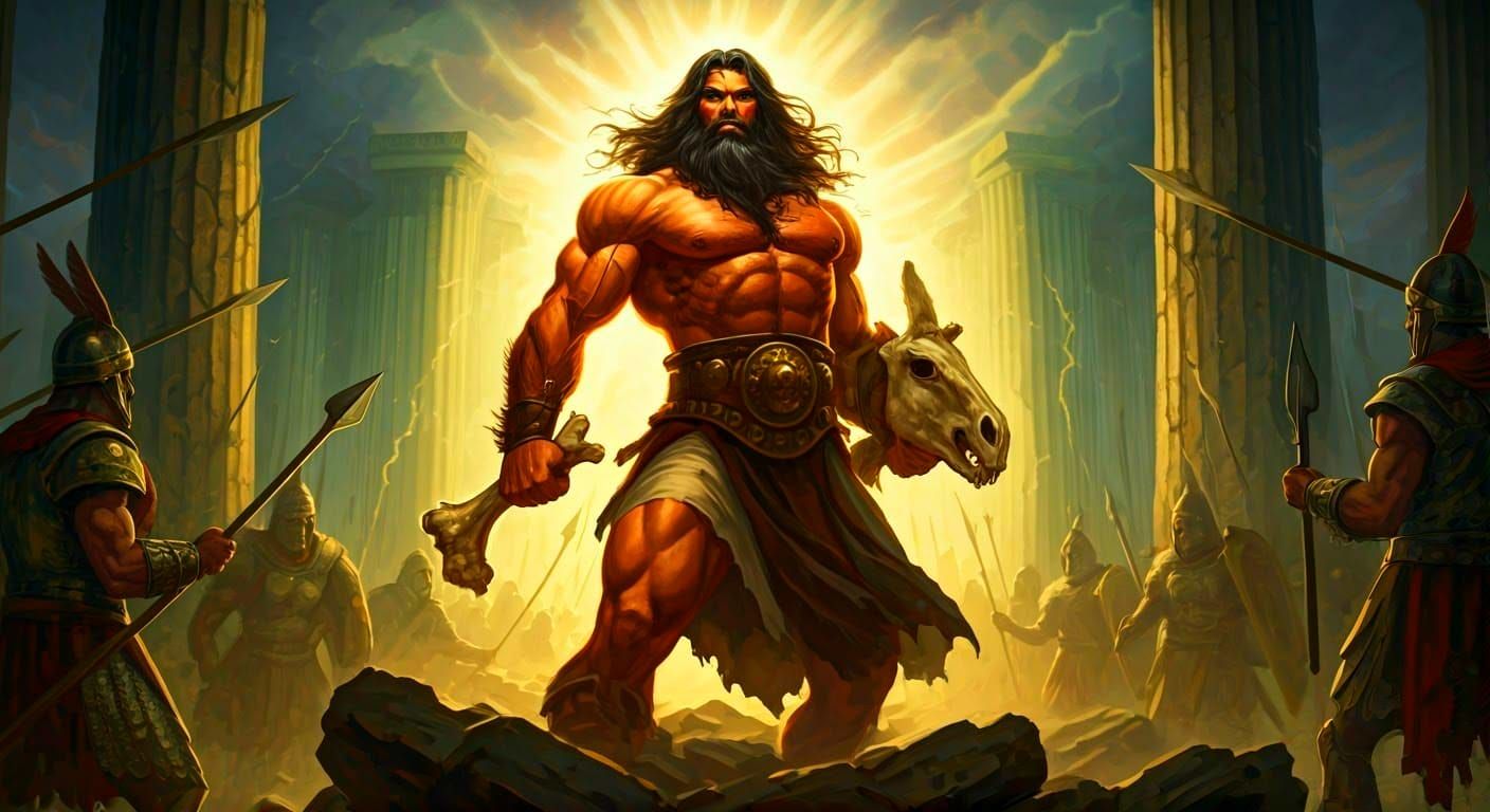 Samson Battles Philistine Warriors in Epic Landsca... - AI Art