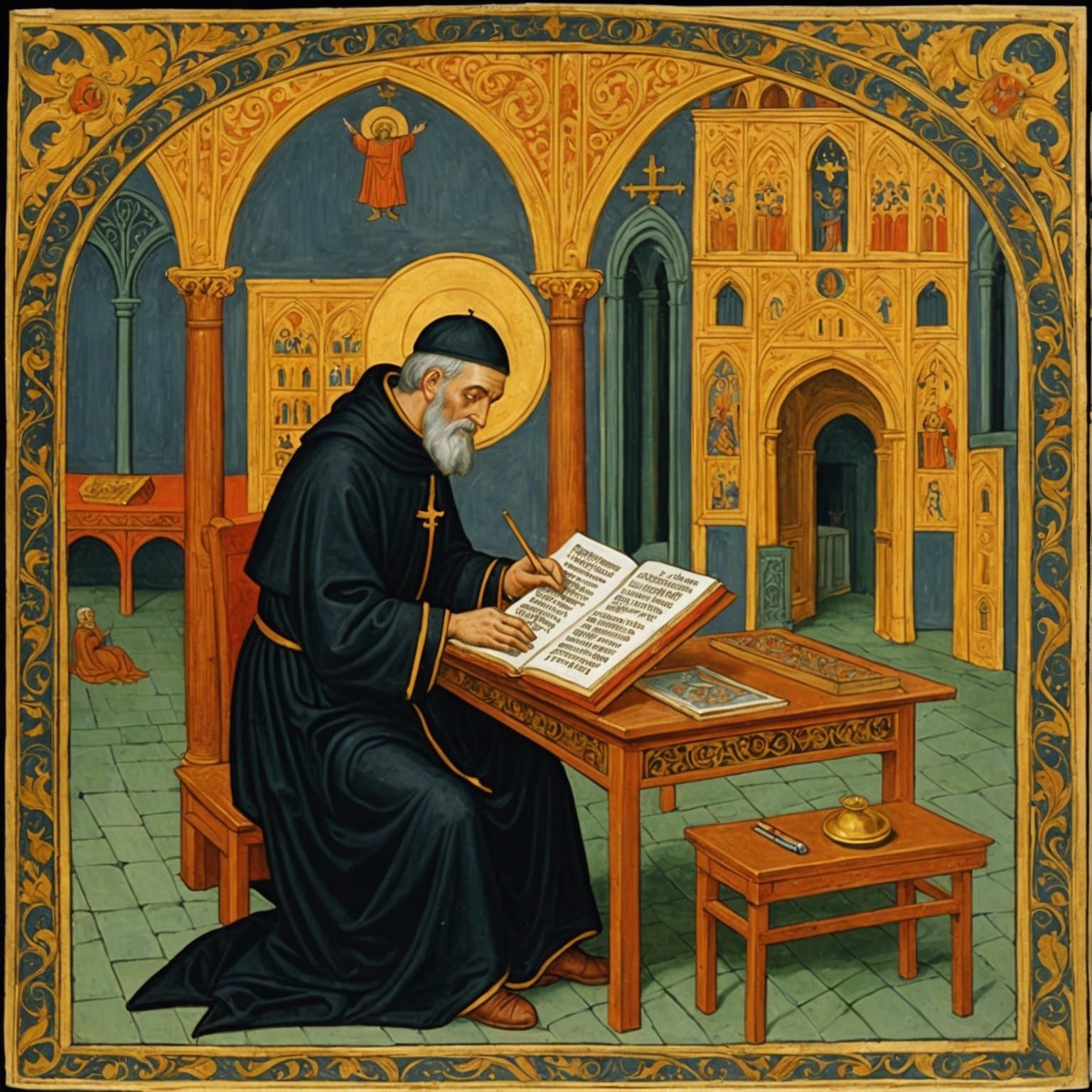 A 9th century medieval monk painting gold leaf to an illuminated ...