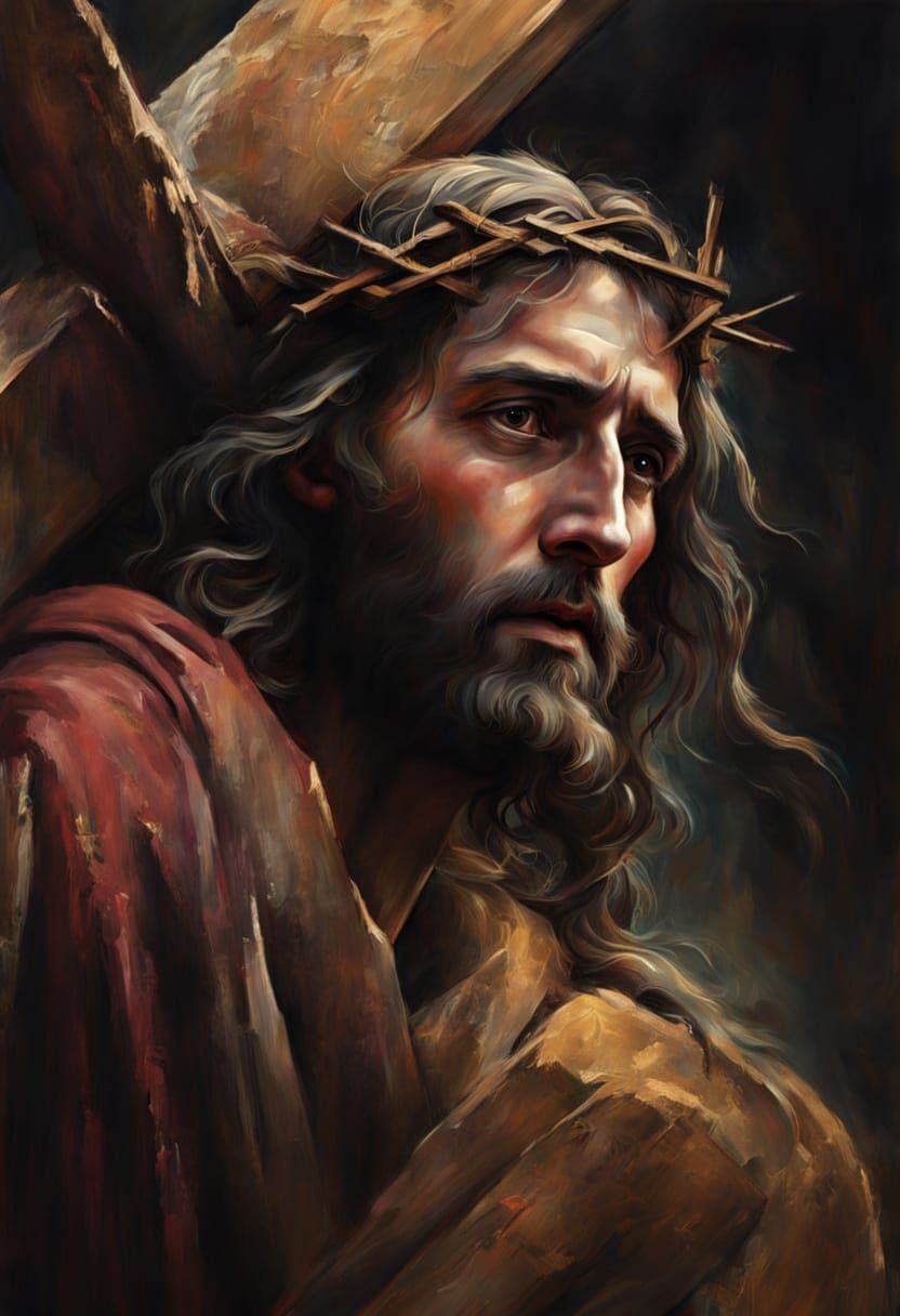 Dramatic Jesus Carrying Cross Close-Up Painting for Spiritual Art