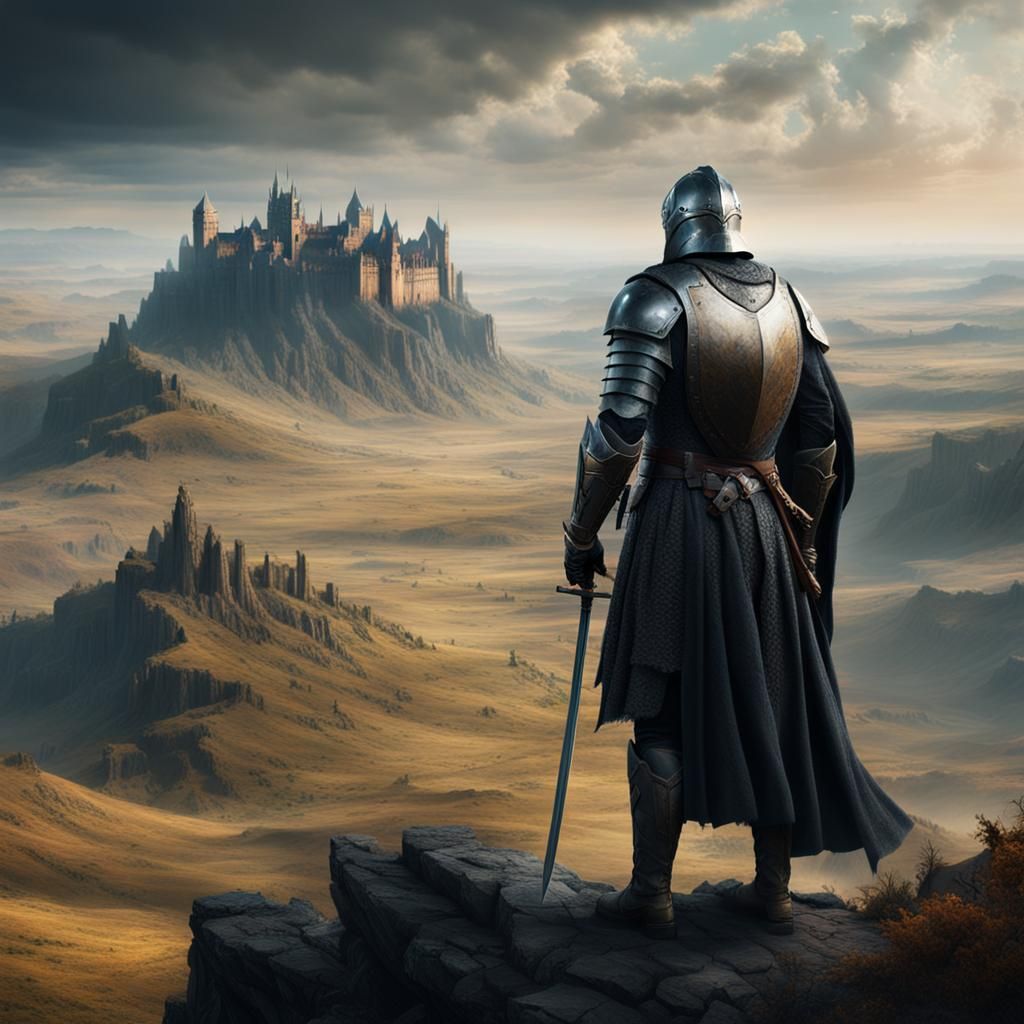 Valiant lone knight standing on a ridge overlooking a vast landscape ...
