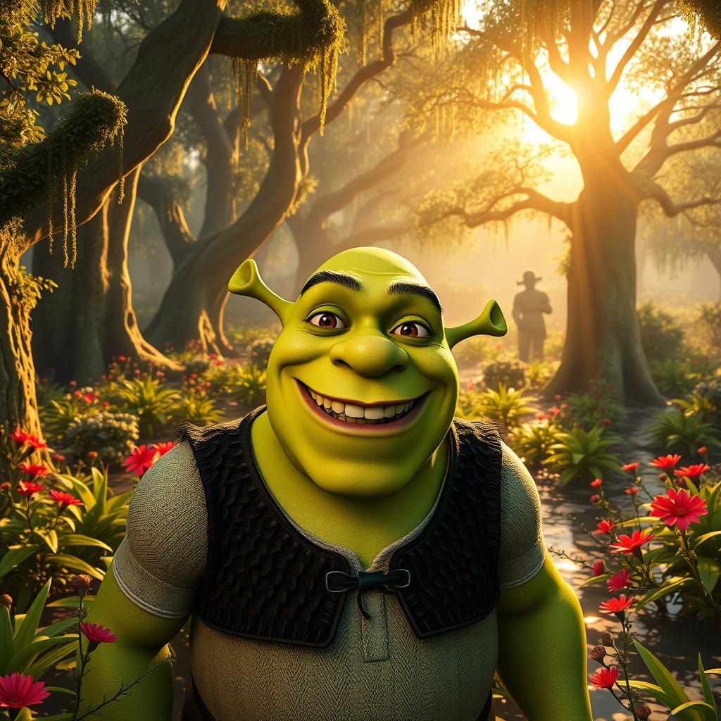 shrek happy - Shrek Radiates Joy in Vibrant Swamp Oasis