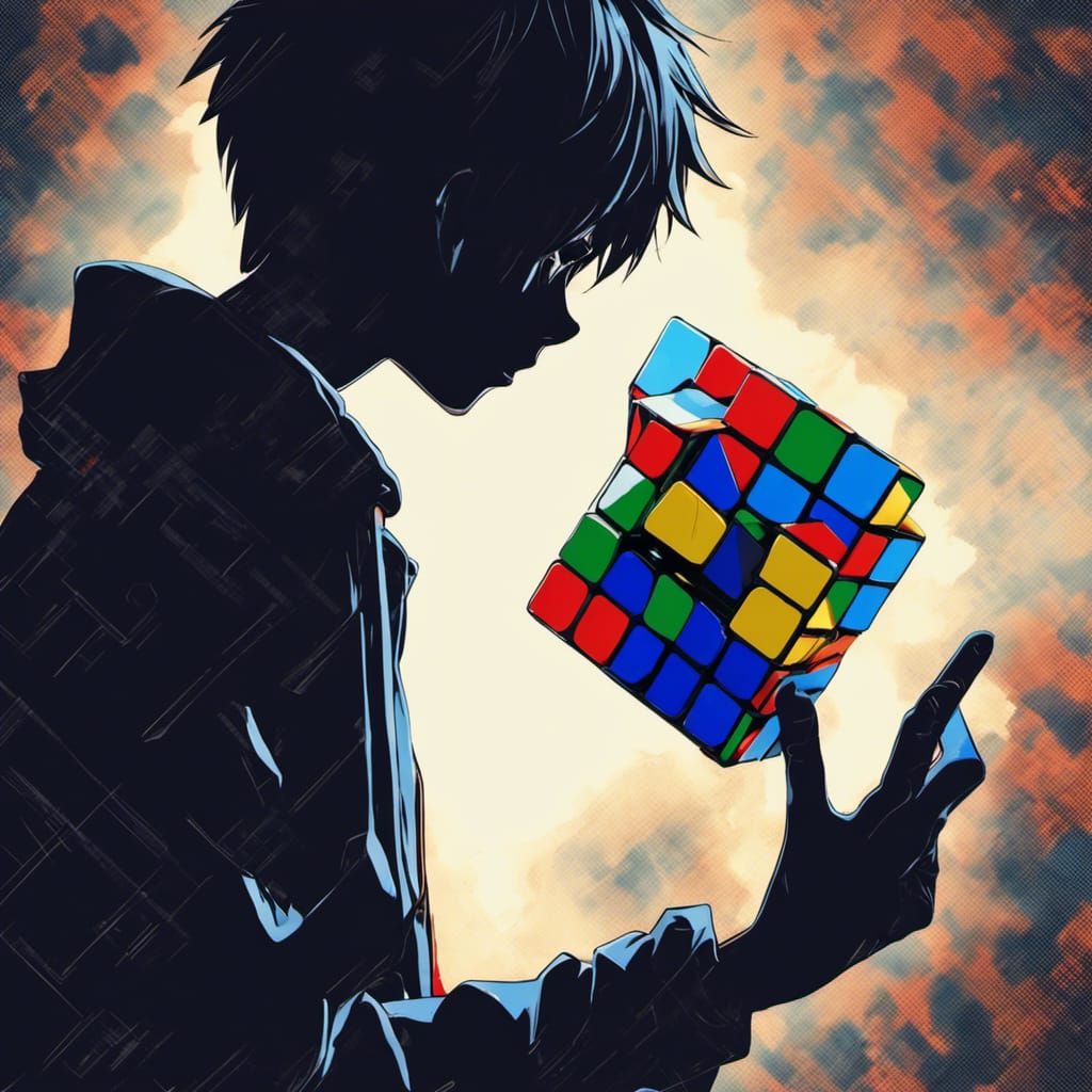 anime boy silhouette holding rubiks cube side profile - AI Generated ...