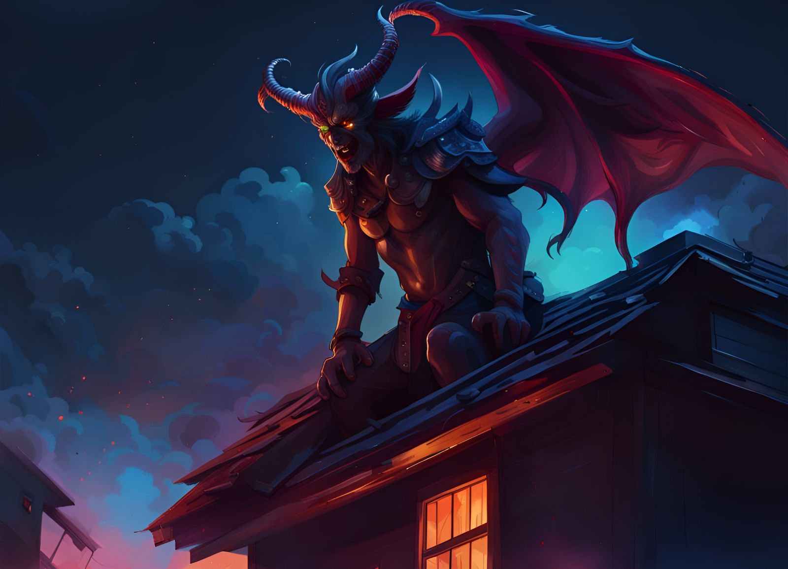 an demon standing on the roof of a house at night Hyperrealistic ...