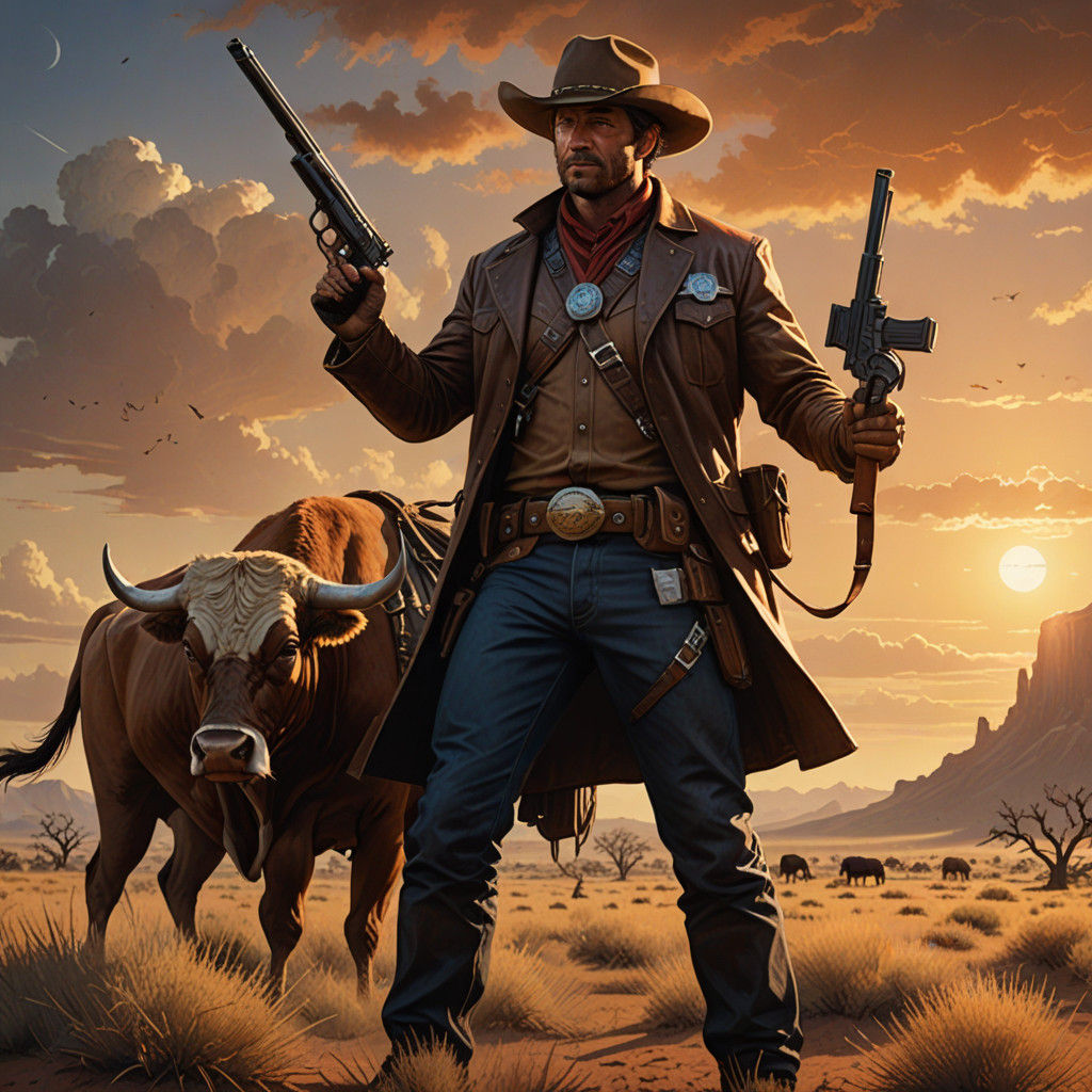 A Bull Texas Ranger, dressed in realistic brown sci-fi and adorned with ...