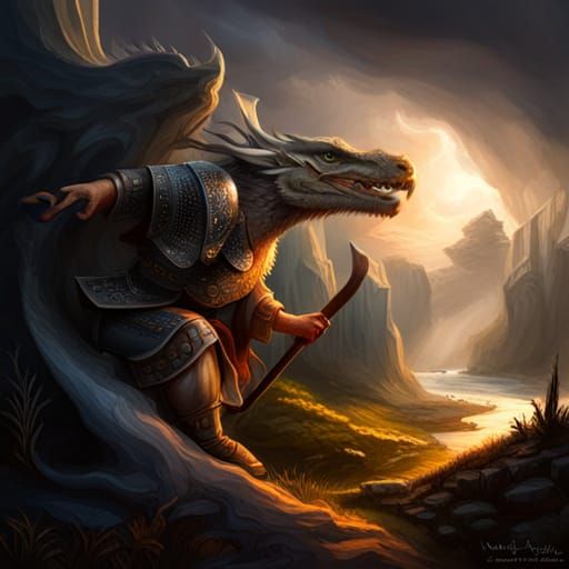 Scene of Dwarvin warrior swinging his axe into the head of a great ...