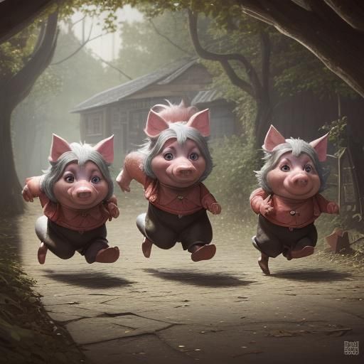 The 3 little pigs running out of the book from the big bad wolf. 16k ...