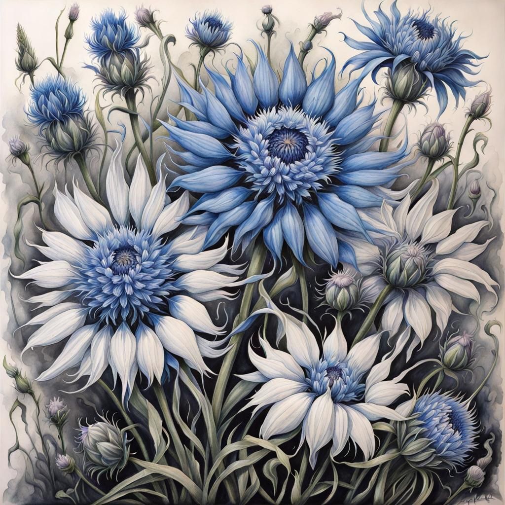 Cornflowers in the style of whimsical ink drawings, flowercore ...