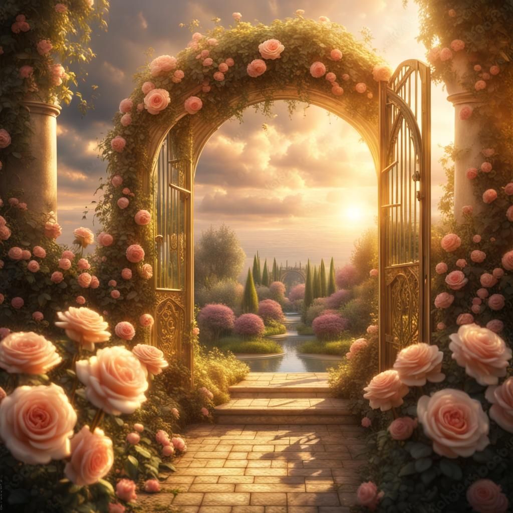 gold portal, and inside portal is a garden with roses, magical style ...