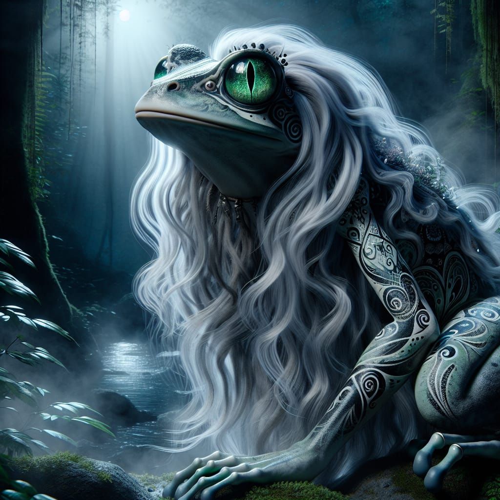 Ethereal frog-human hybrid, piercing green eyes - AI Generated Artwork ...