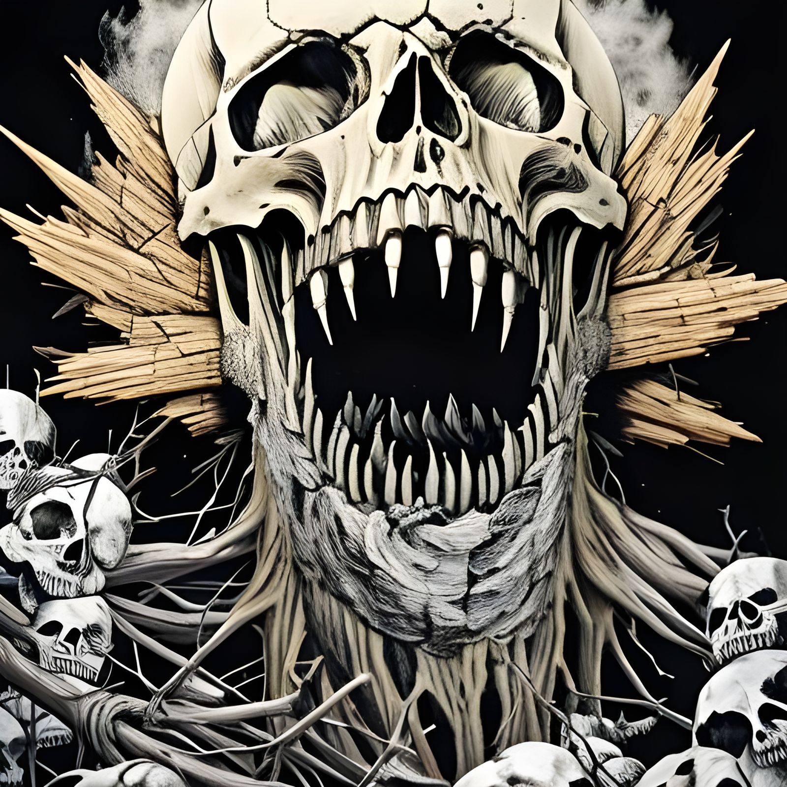 Screaming skull blending to maggots twigs melting spikes narly wood ...