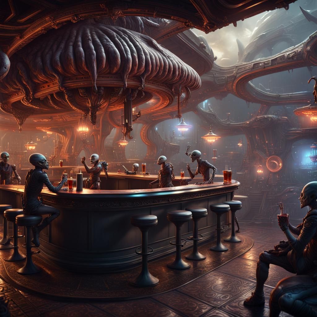 "stat war bar , aliens and humans, drinking, wide angle, 8k , photo ...