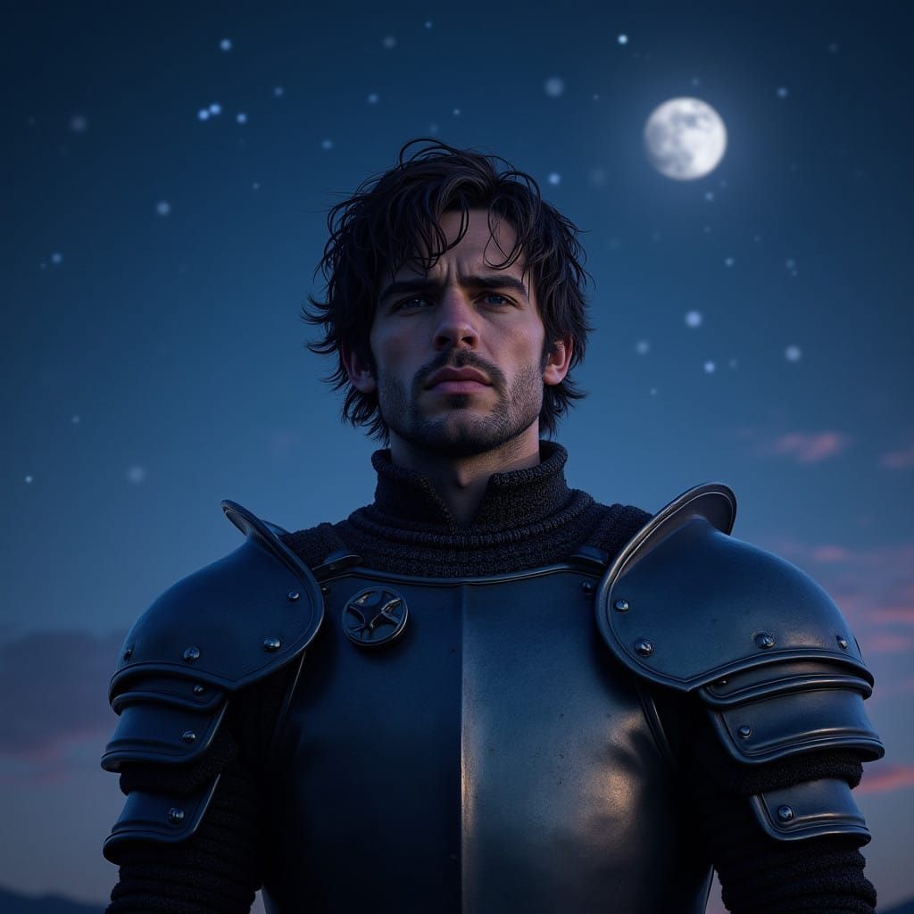 Dashing Knight in Navy Blue Armor Under Starry Nig... - AI Art