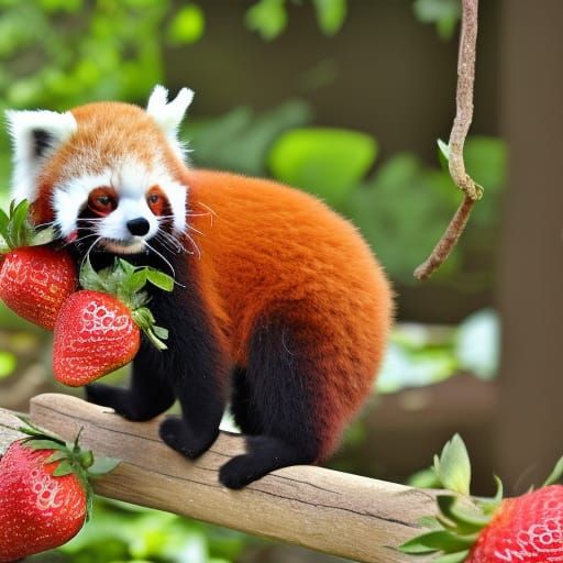 Baby red panda eating strawberries - AI Generated Artwork - NightCafe ...