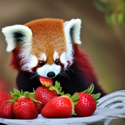 Baby red panda eating strawberries - AI Generated Artwork - NightCafe ...