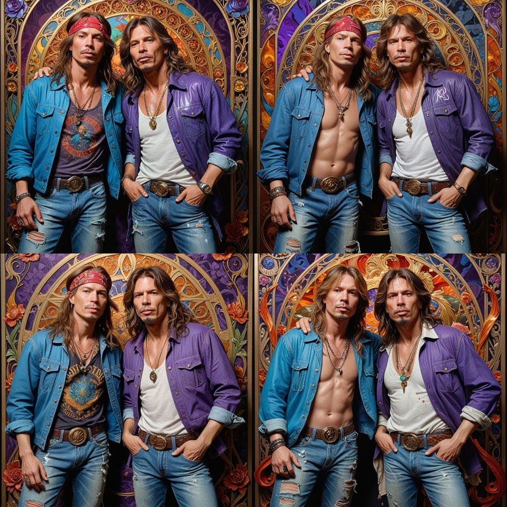 Axl Rose and Steven Tyler in a head and shoulders portrait, intensely ...