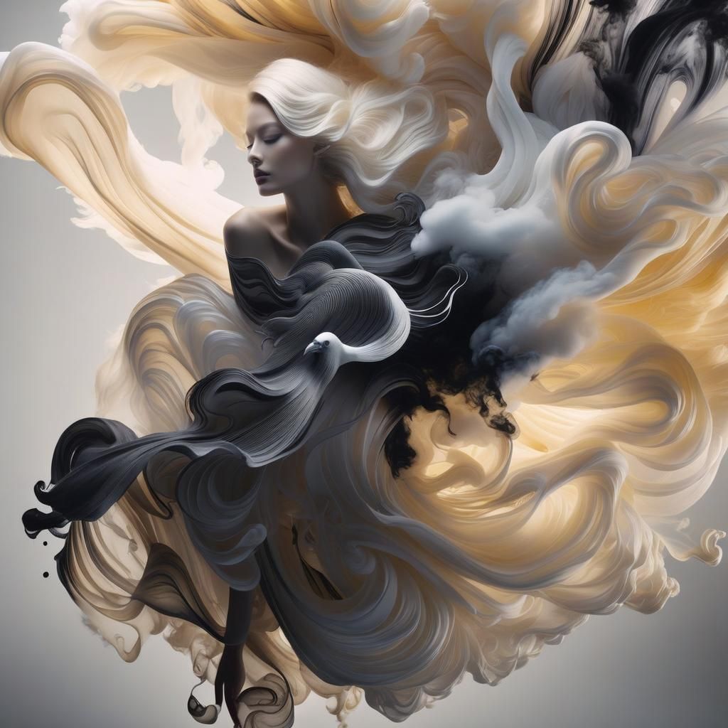 "flying liquid ink white raven dissolving into swirling white and black ...