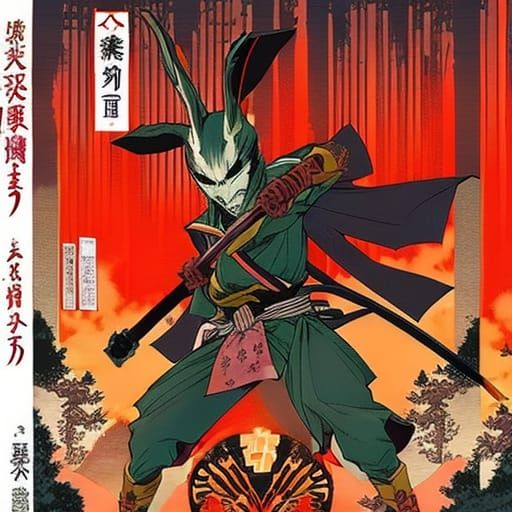 Fearsome white rabbit samurai, ancient Japanese legend; dope ...