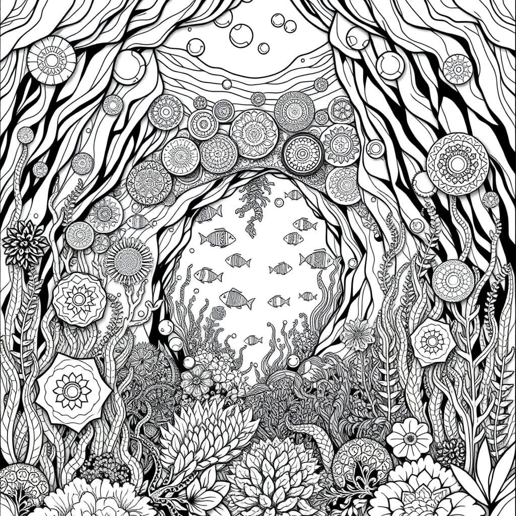 Whimsical Underwater World in Black and White Line... - AI Art