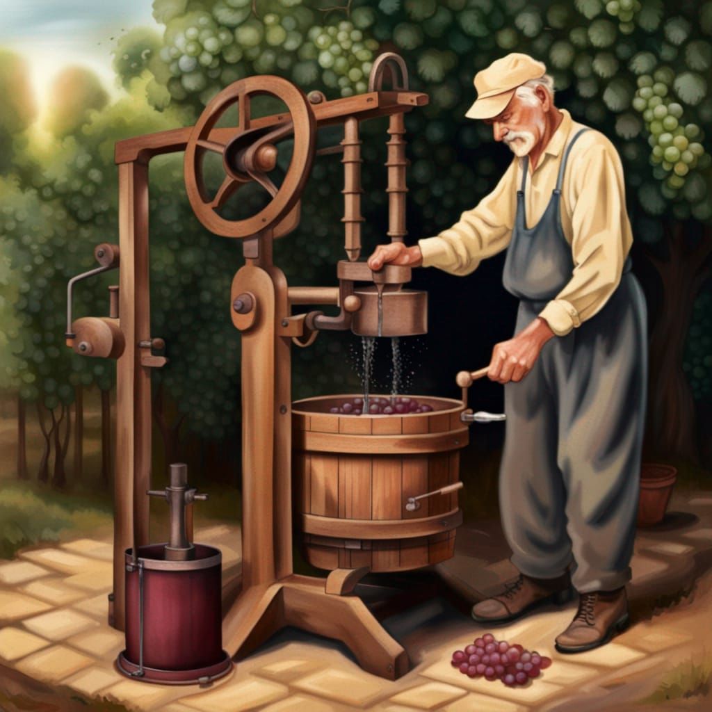 A long shot of An old man making wine the old fashioned way,using a realistic looking hand crank ...