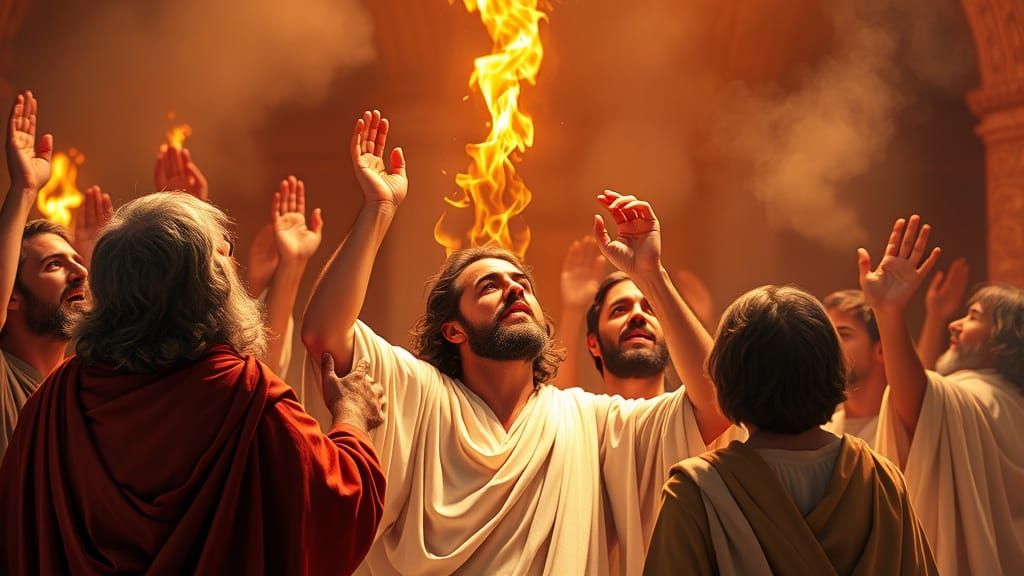 Apostles preaching at Pentecost with holy fire coming down upon their heads