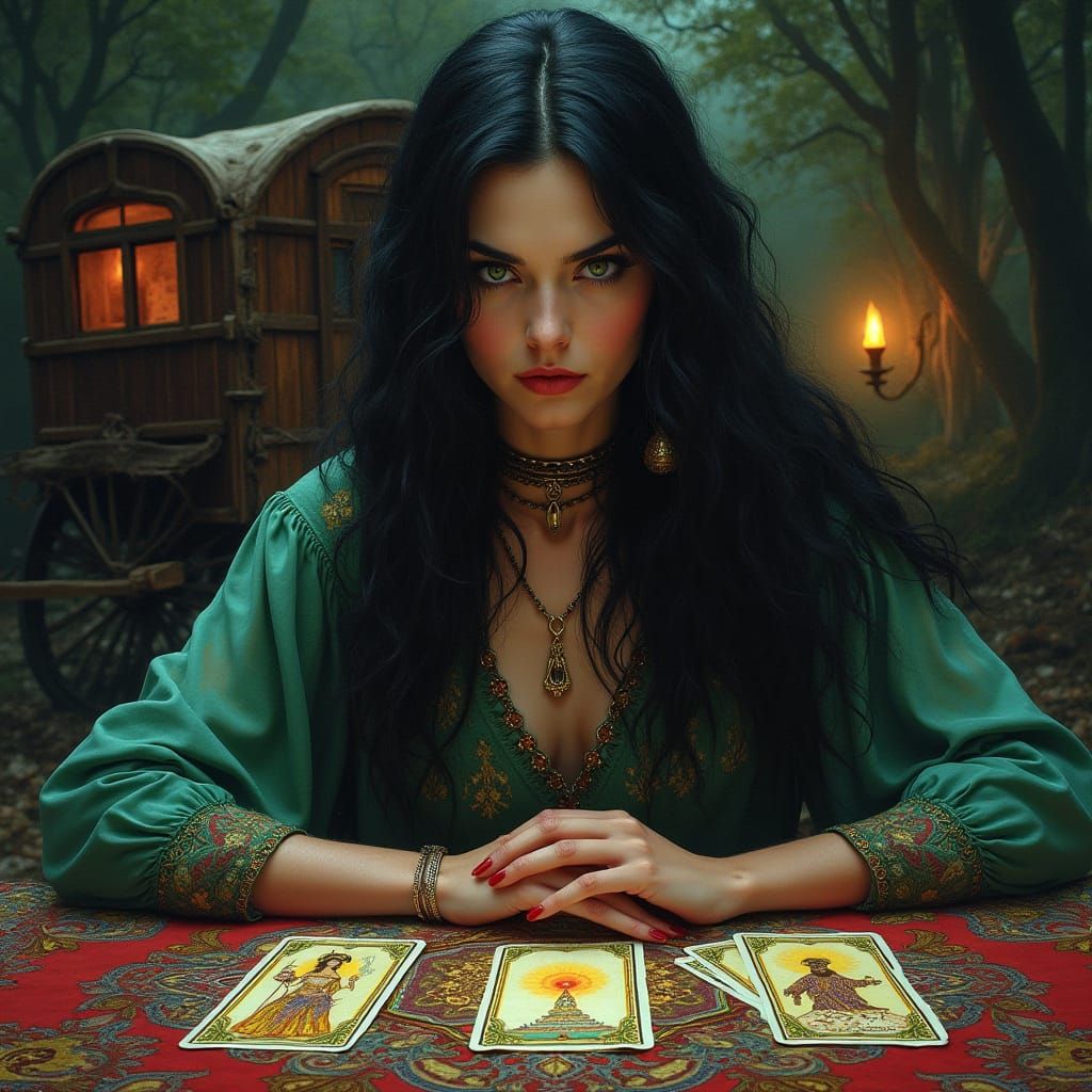 Mystical Gypsy Woman Meditates on Tarot Cards in a... - AI Art