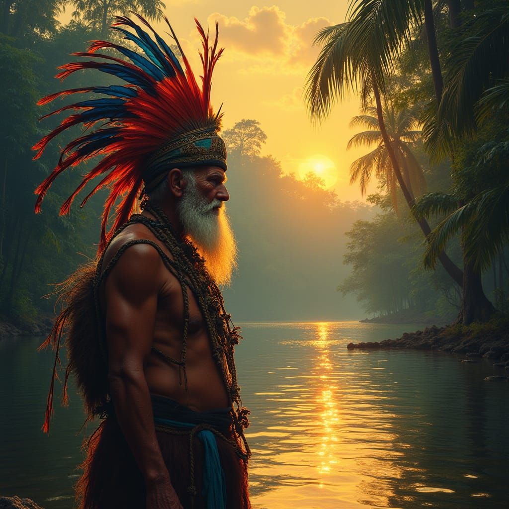 Amazonian Shaman Contemplates Sunset at River's Ed... - AI Art
