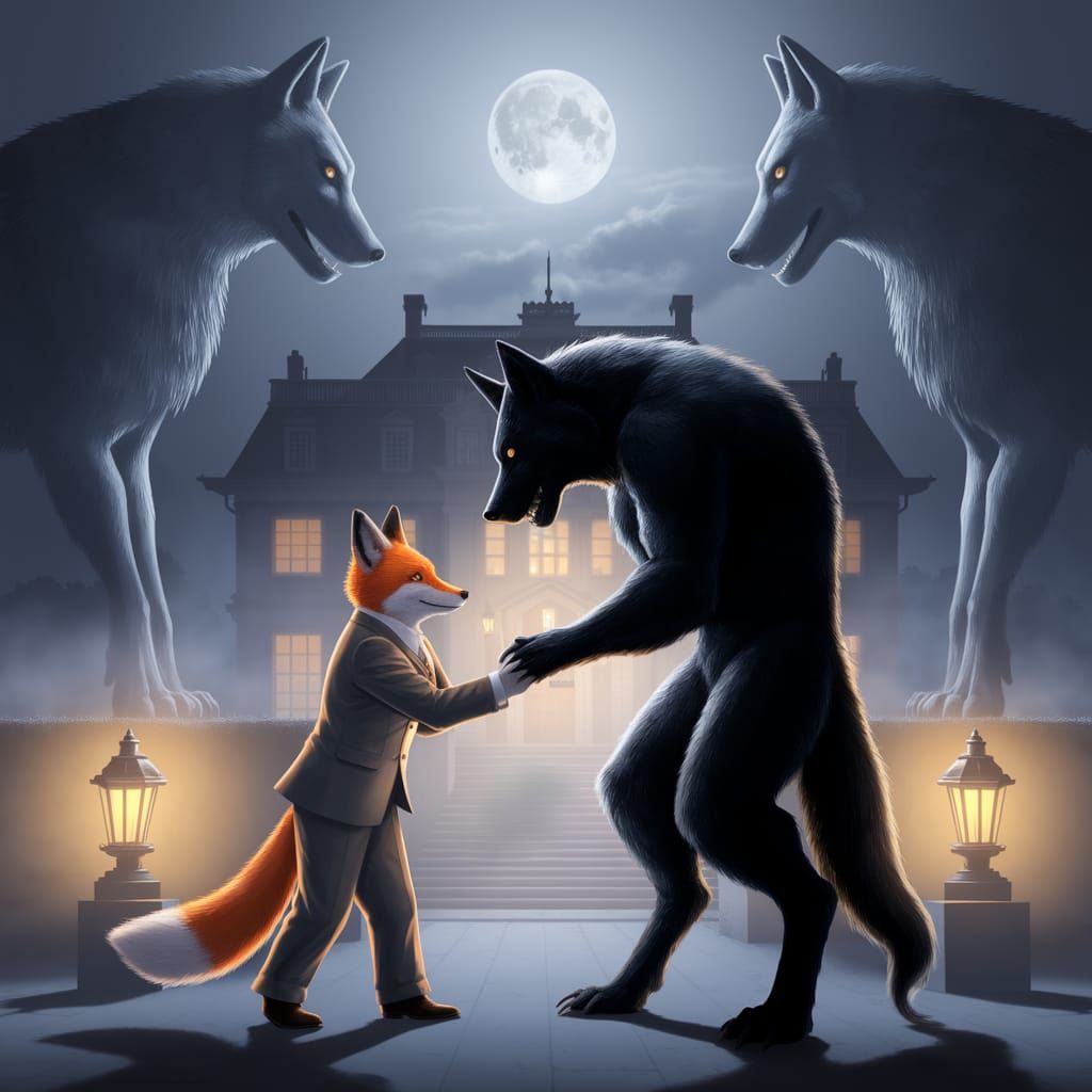 Fox and Werewolf Friends Meet Under Moonlight in E... - AI Art