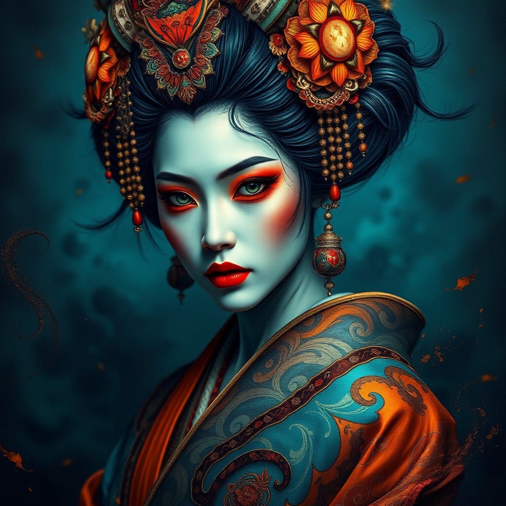 Realistic oil painting. Portrait of a wild and mysterious geisha queen ...