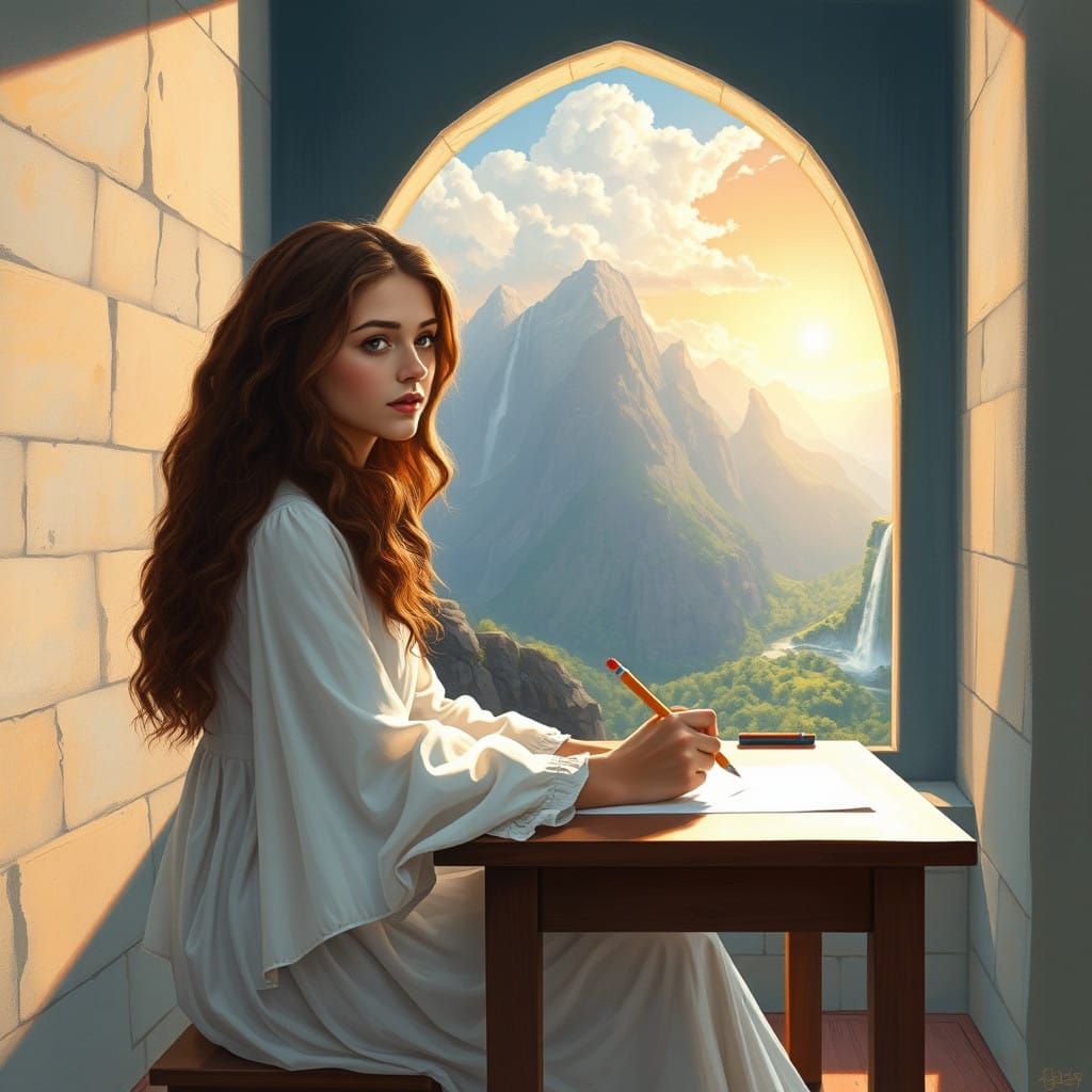 A young woman sits sketching in a room with an arched window