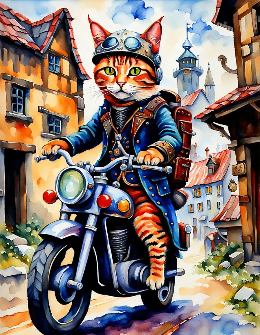 intricately detailed watercolor painting of a biker cat wears a ...