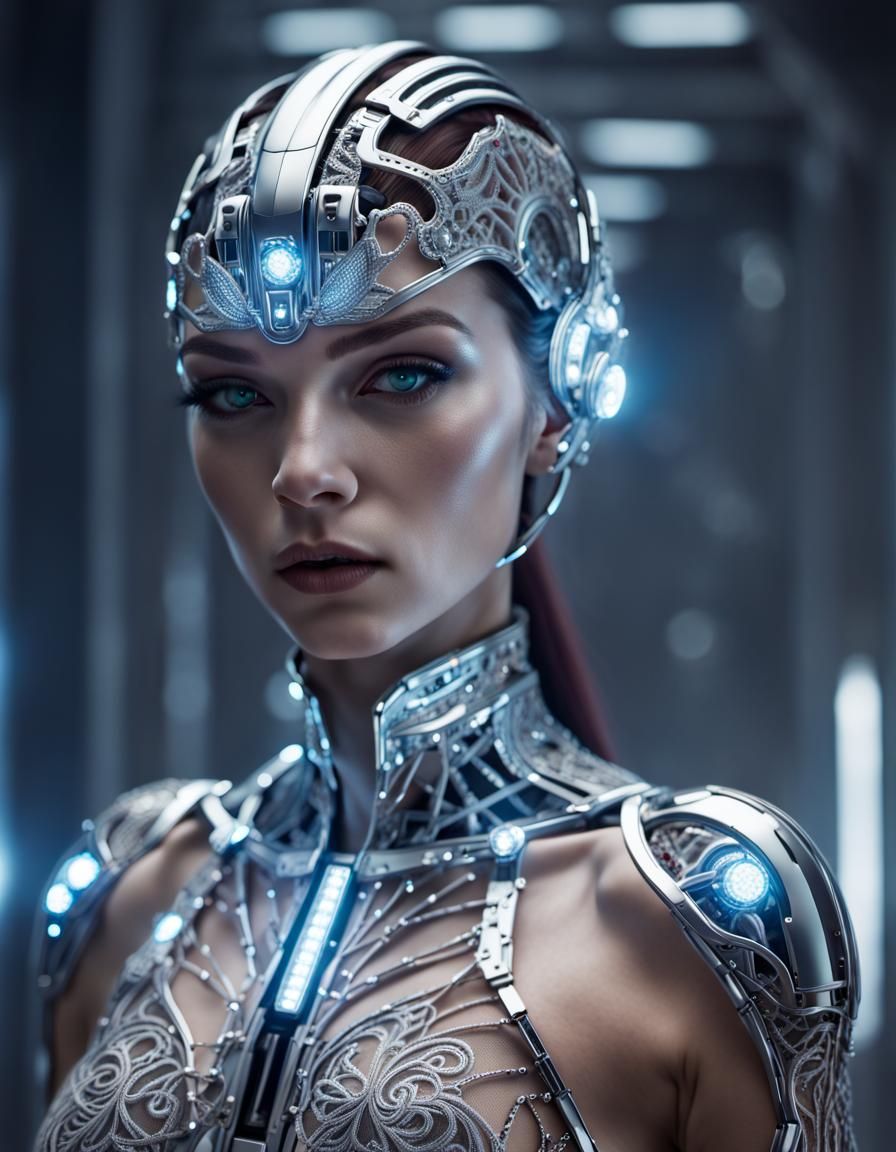 a beautiful cyborg model female chrome exterior skin, wearing ...