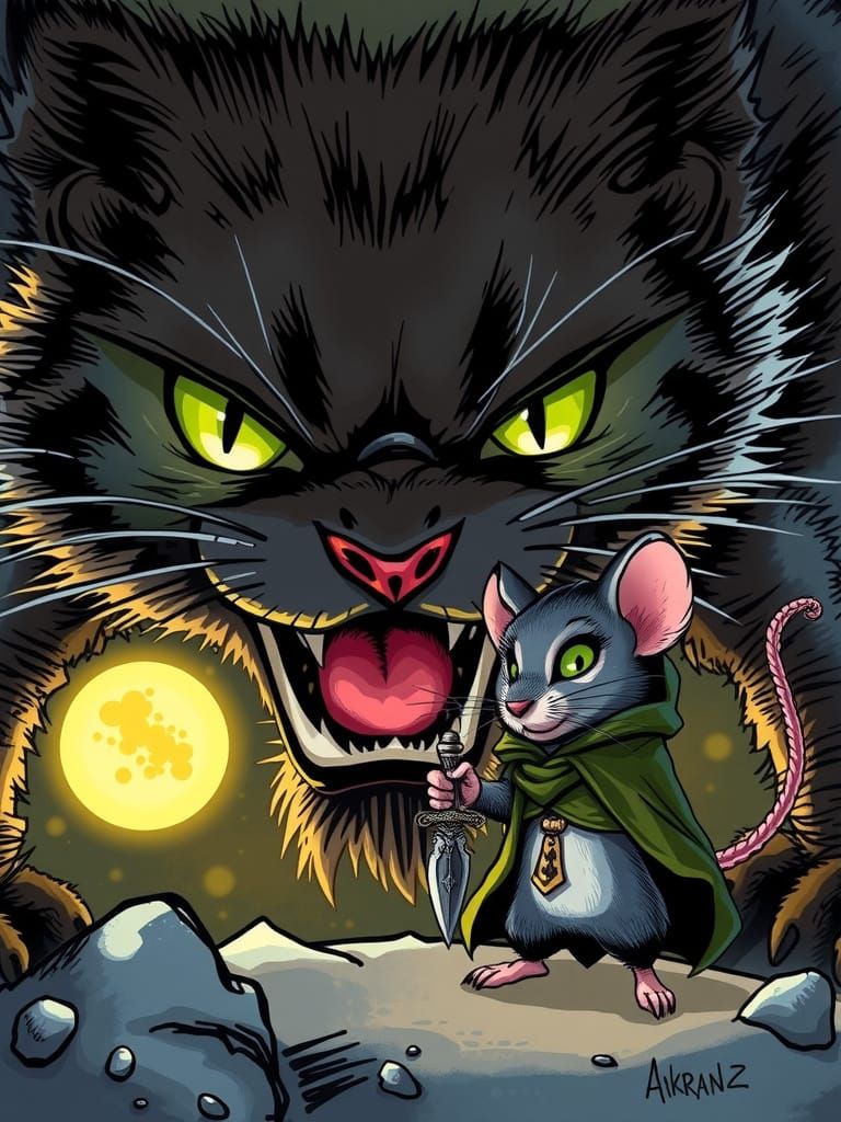 A close up cartoonish, dangerous looking cat staring down a mouse, the ...