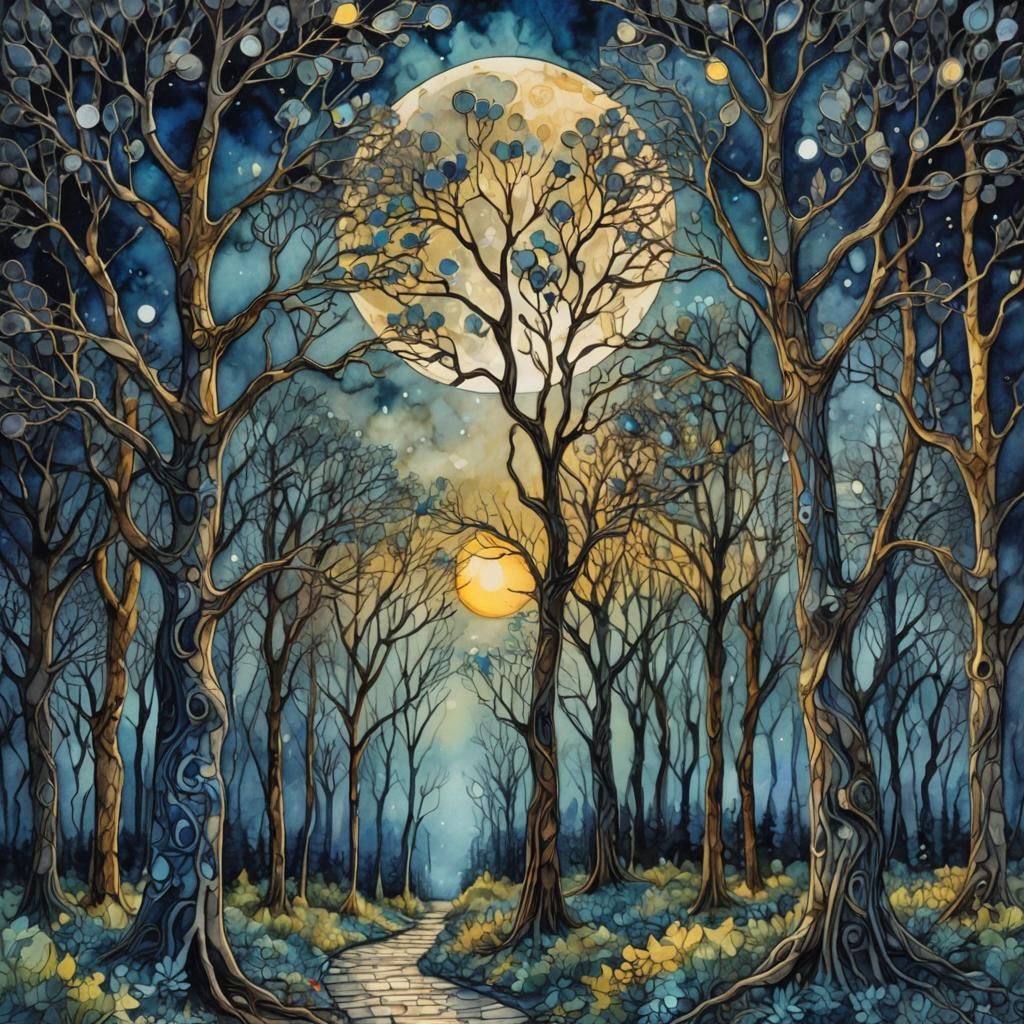 Moonlit Forest Path in Vibrant Impasto Hues - AI Art