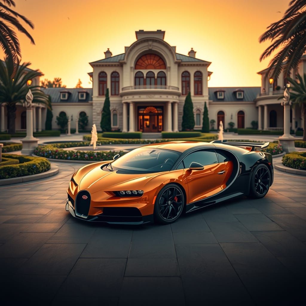 A golden bugatti chiron in a driveway of a mansion