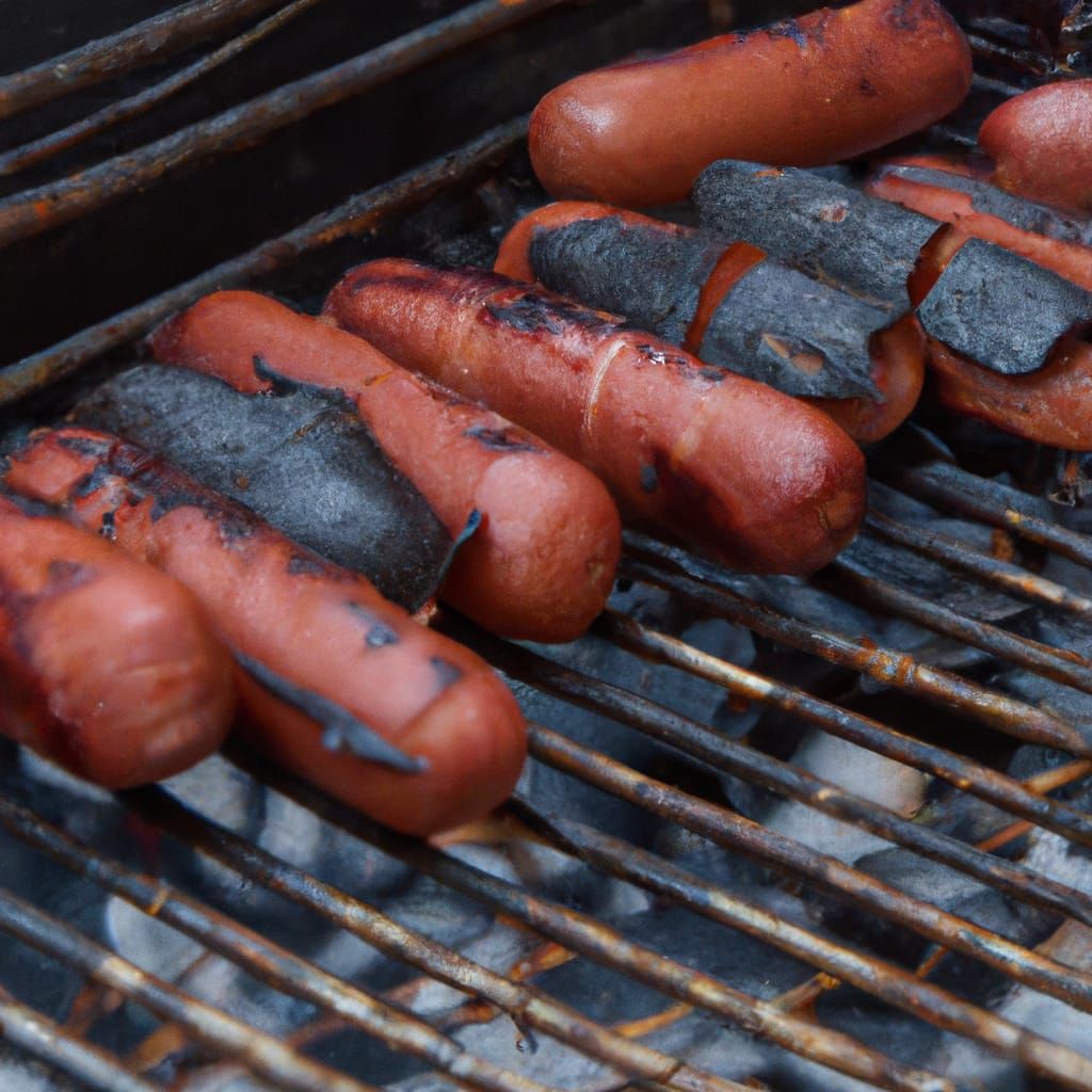 Photograph, grilled charred burned tasty juicy bare dark hot dogs meat ...
