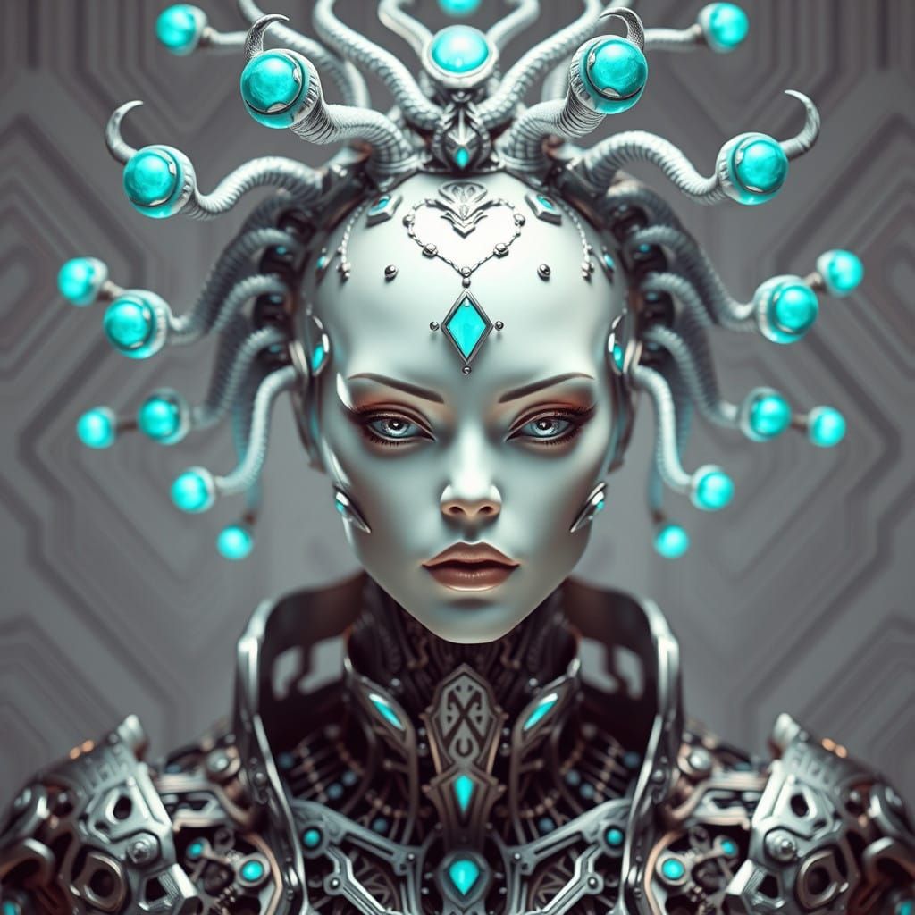 Cybernetic Humanoid in Metallic Armor with Etherea... - AI Art
