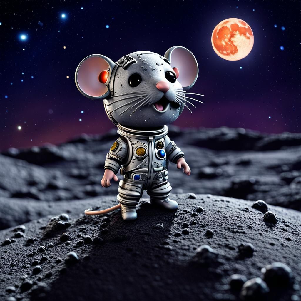 Photograph, Macro, Chibi Bobblehead mouse on the moon surface, starry ...
