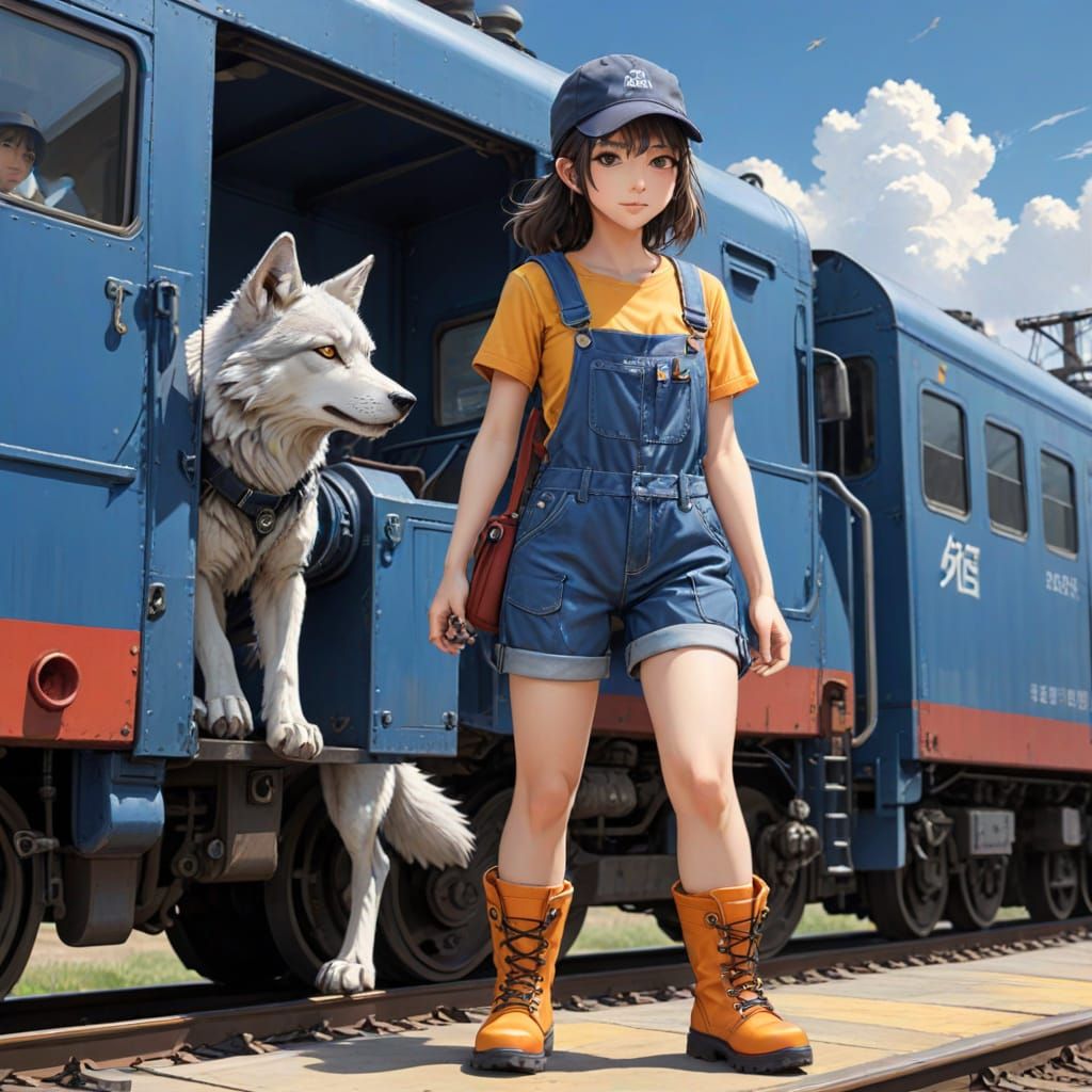 Cyberpunk-Style Mela Humanoid Wolf Train Conductor - AI Art