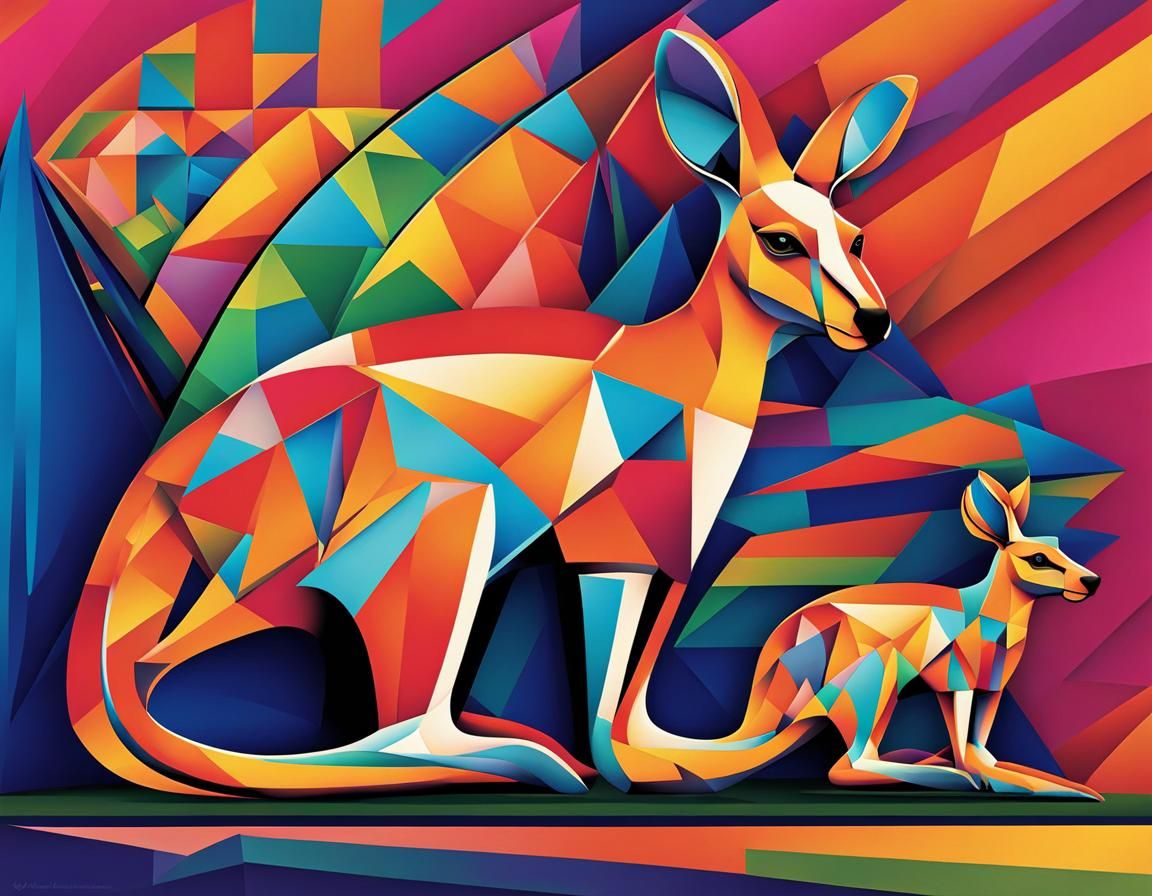 ""(neo cubism geometric kangaroo with joey in pouch ultra bright ...