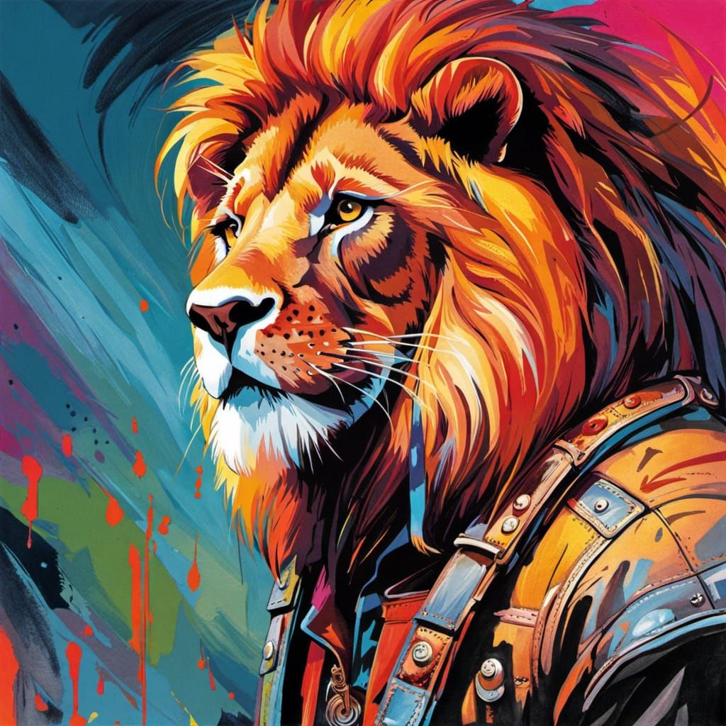 ((portrait of an anthropomorphic lion) in a leather jacket, borderlands ...