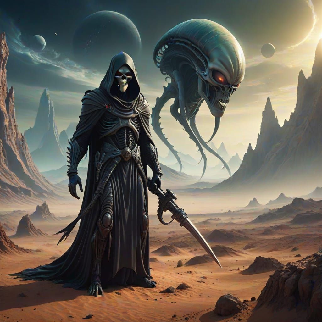 Epic Digital Alien Grim Reaper in a Dystopian Alie... - AI Art