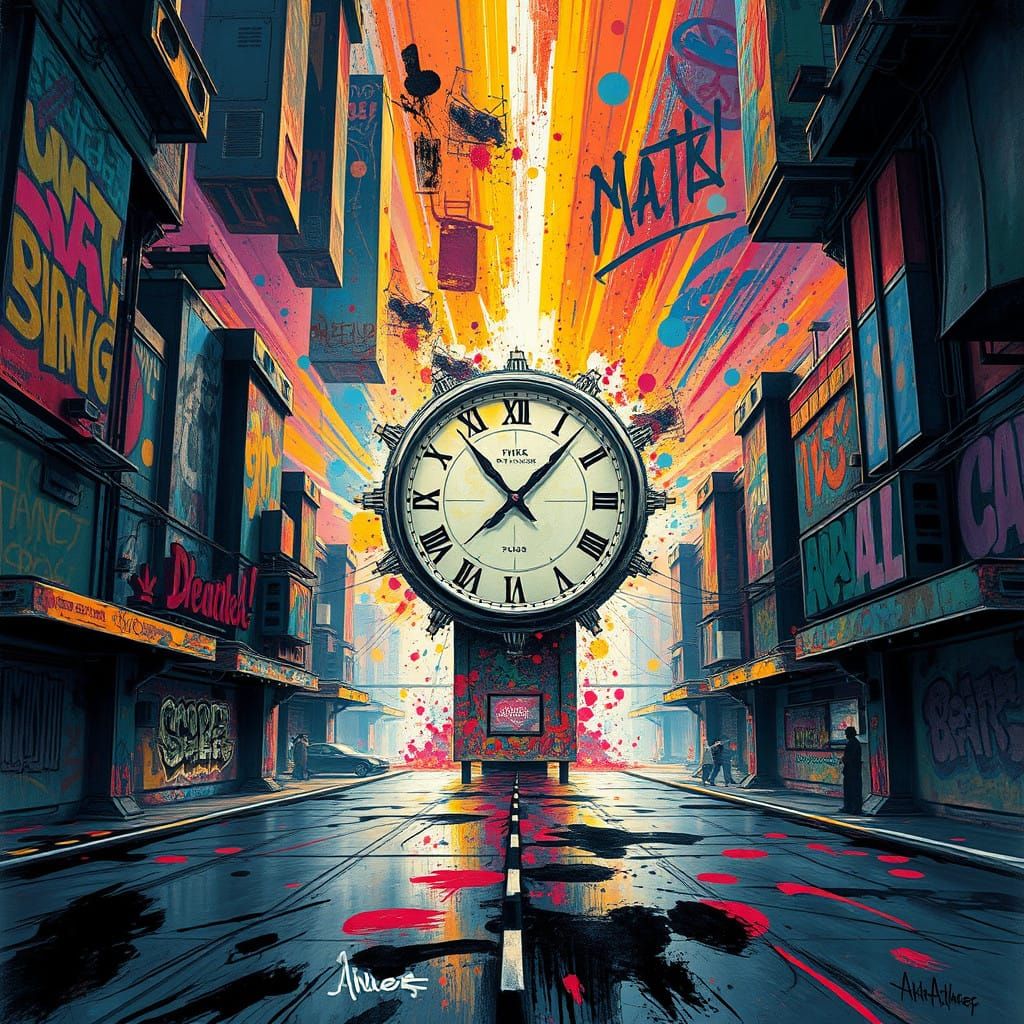 the passing of time futuristic with clock and grafiti
