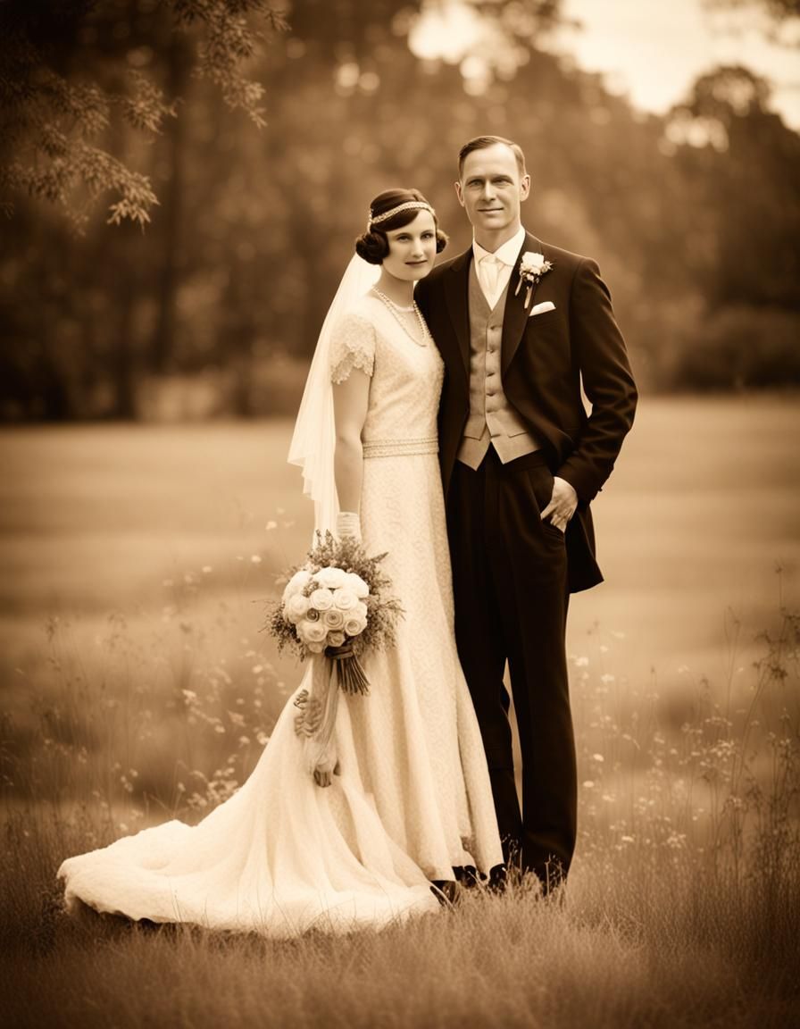 Sepia full length wedding portrait of 1920s bride and groom - AI ...