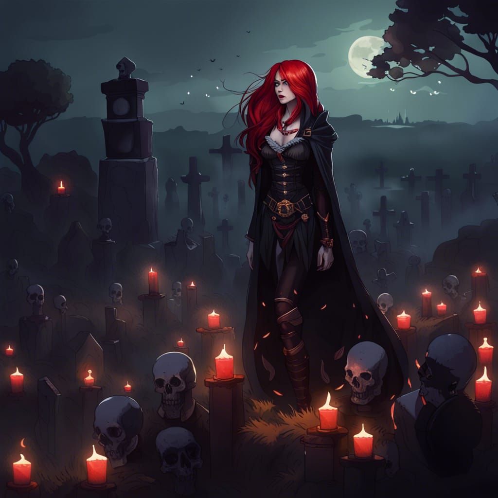 The mysterious and sensual red-haired necromancer stands on a cliff ...